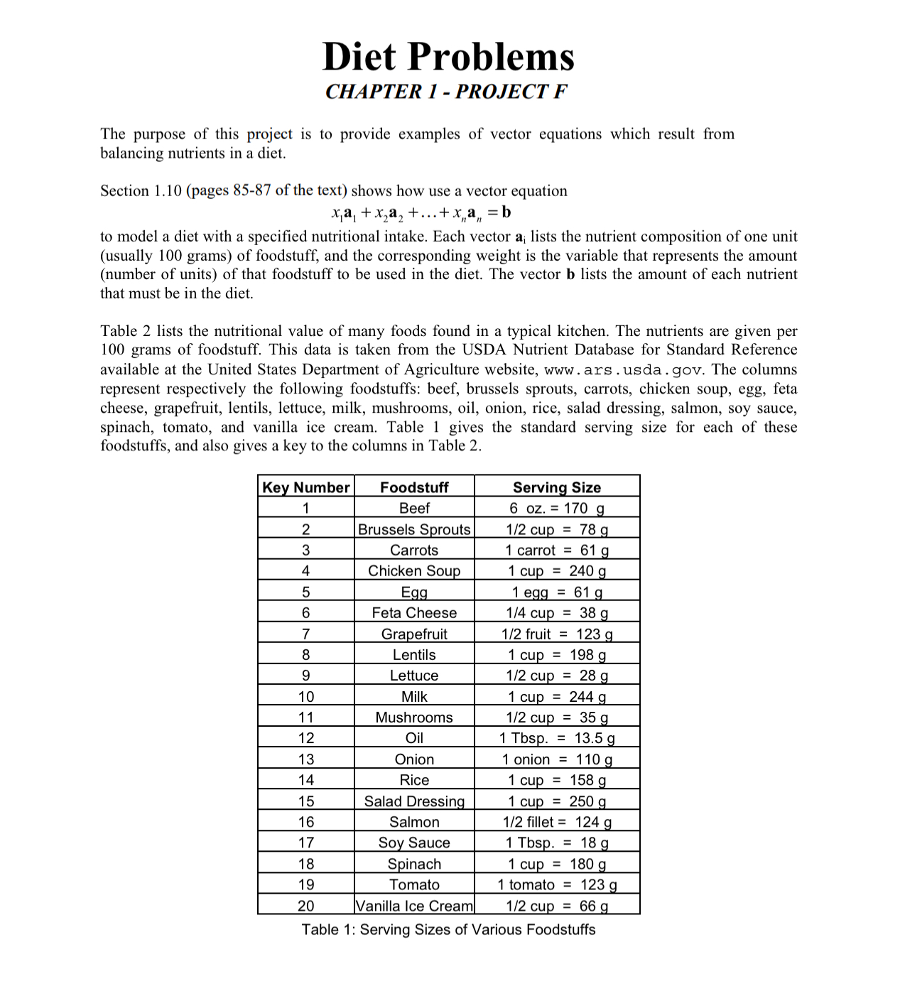 Diet Problems CHAPTER 1 - PROJECT F The purpose of | Chegg.com