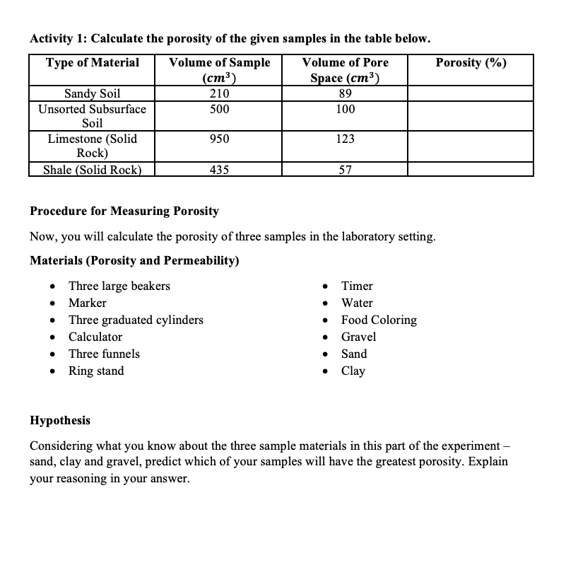 Solved Groundwater Lab - Porosity and Permeability The | Chegg.com