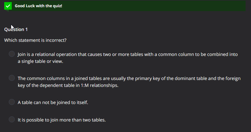 Solved Good Luck with the quiz! Question 1 Which statement | Chegg.com