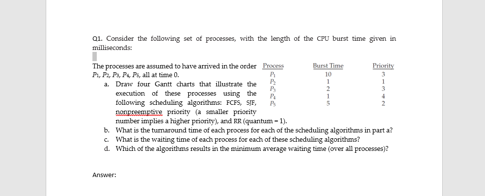 Solved Q1. Consider the following set of processes, with the | Chegg.com