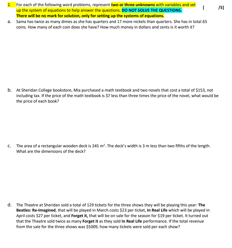 Solved 2. For each of the following word problems, represent | Chegg.com