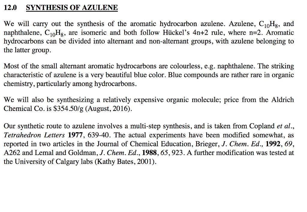 Solved 12.0 SYNTHESIS OF AZULENE We will carry out the | Chegg.com