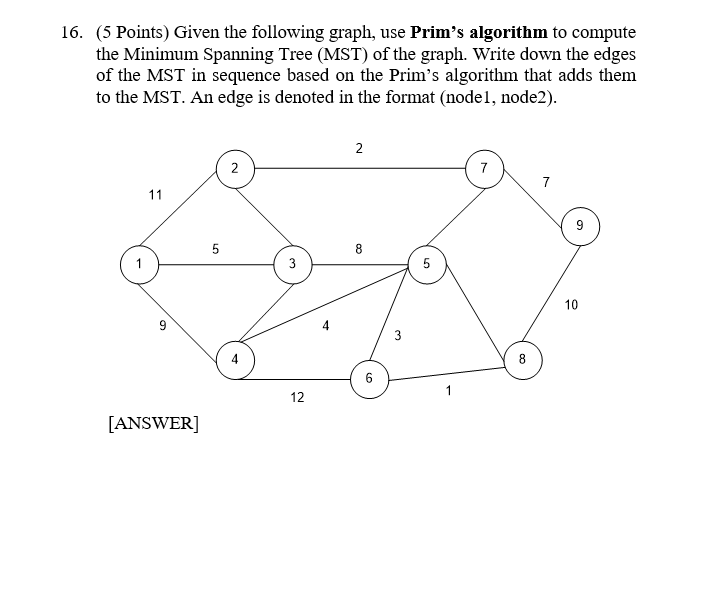 6. (5 Points) Given the following graph, use Prim's | Chegg.com