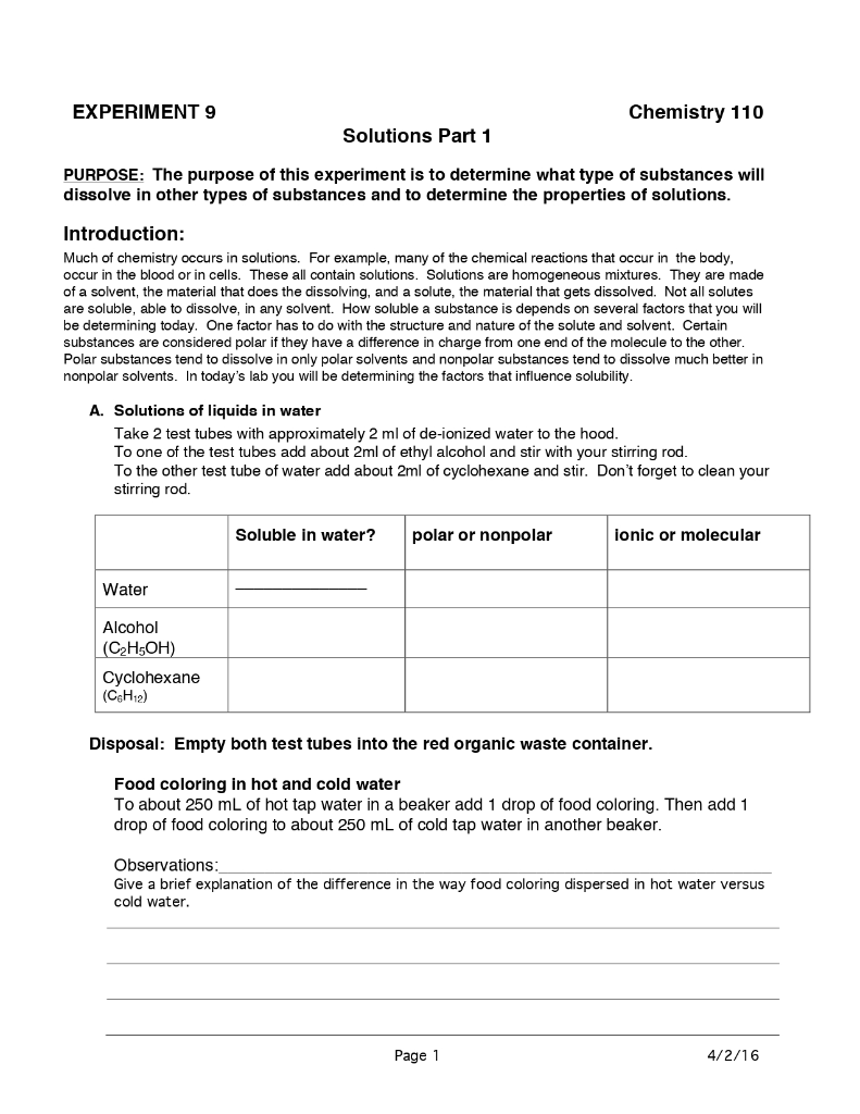 Solved EXPERIMENT 9 Chemistry 110 Solutions Part 1 PURPOSE: | Chegg.com