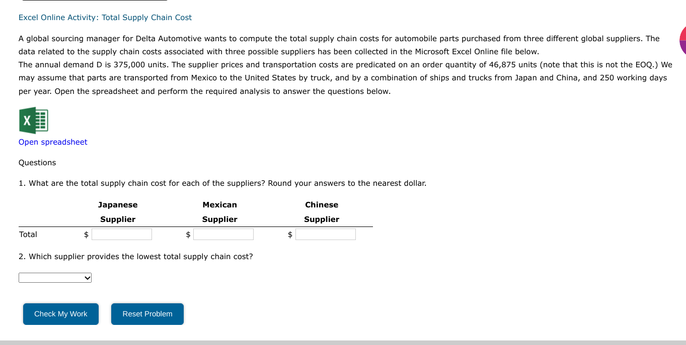 Solved Excel Online Activity: Total Supply Chain Cost A | Chegg.com