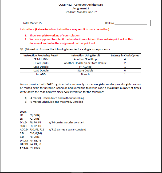 Solved COMP 452 - Computer Architecture Assignment 2 | Chegg.com