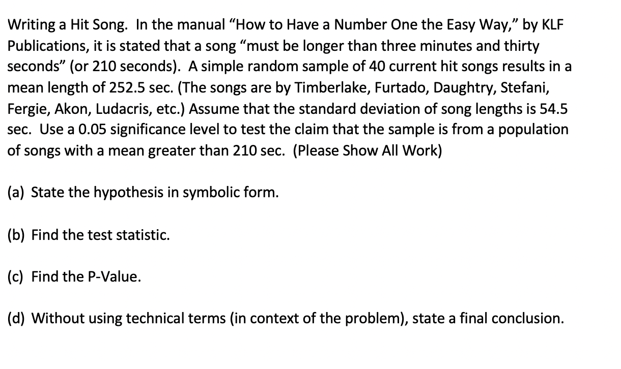 Solved Writing a Hit Song. In the manual “How to Have a | Chegg.com