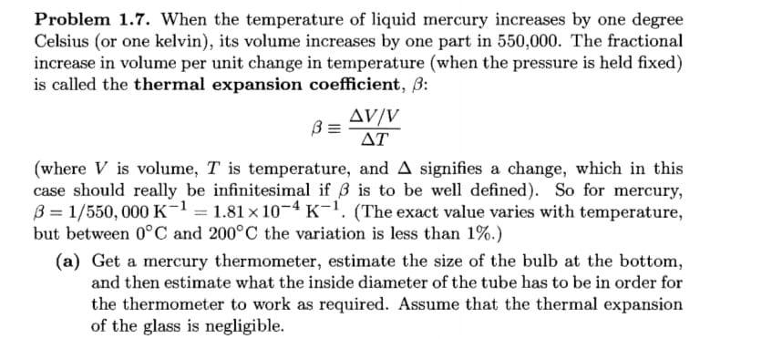 Solved Problem 1.7. When the temperature of liquid mercury | Chegg.com