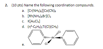 Solved 2. (10 pts) Name the following coordination | Chegg.com