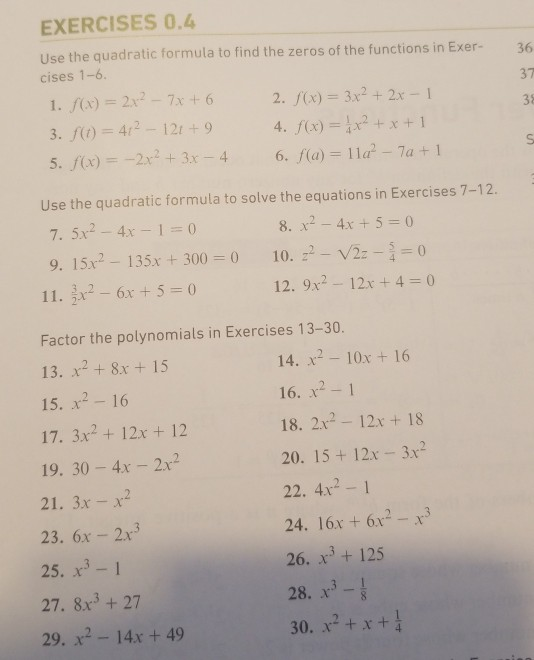 Solved Exercises 0 4 Use The Quadratic Formula To Find The