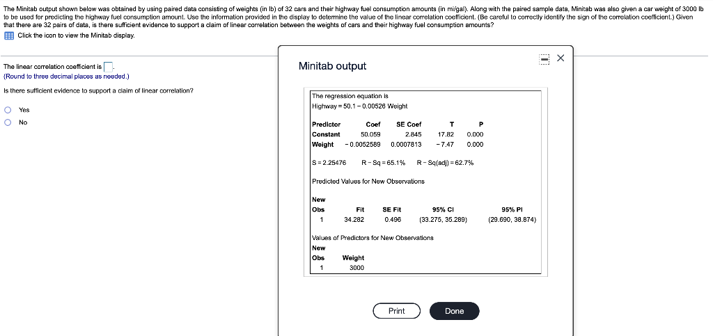 Solved The Minitab output shown below was obtained by using | Chegg.com