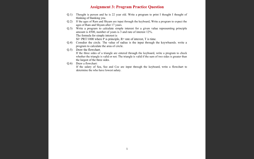 Solved Assignment 3 Program Practice Question Q1 Thought 