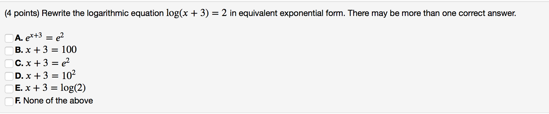 Solved (4 points) Rewrite the logarithmic equation log(x + | Chegg.com