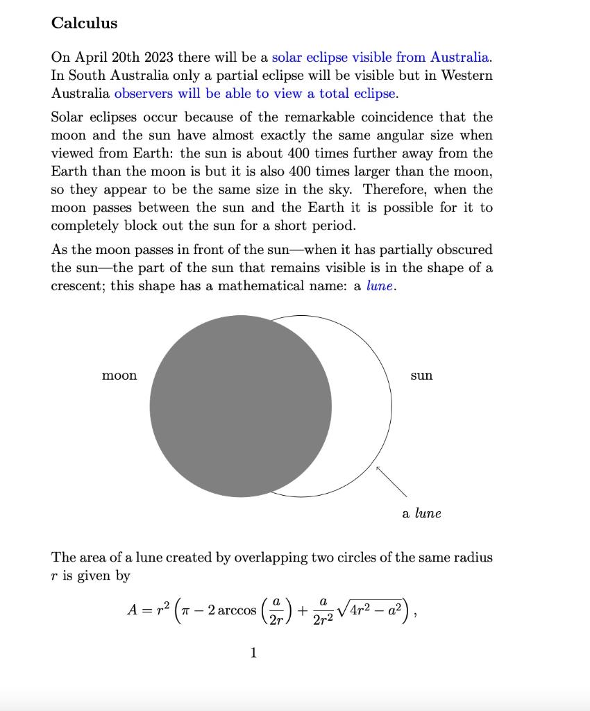 Solved Calculus On April 20th 2023 there will be a solar | Chegg.com
