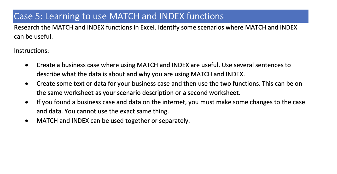 Solved Case 5: Learning to use MATCH and INDEX functions | Chegg.com