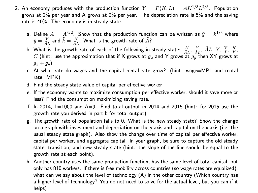 Solved = 2. An economy produces with the production function | Chegg.com
