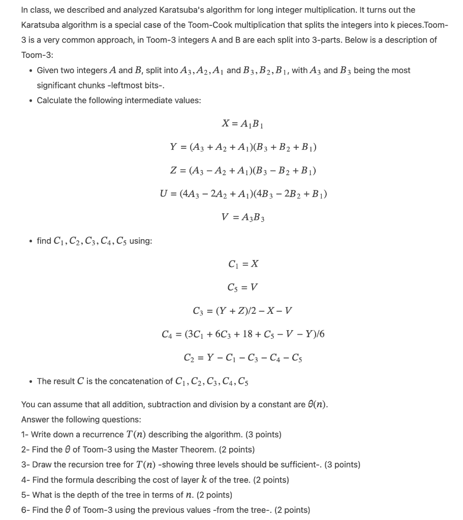 Solved In class, we described and analyzed Karatsuba's | Chegg.com