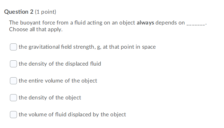 Solved Question 2 (1 point) The buoyant force from a fluid | Chegg.com