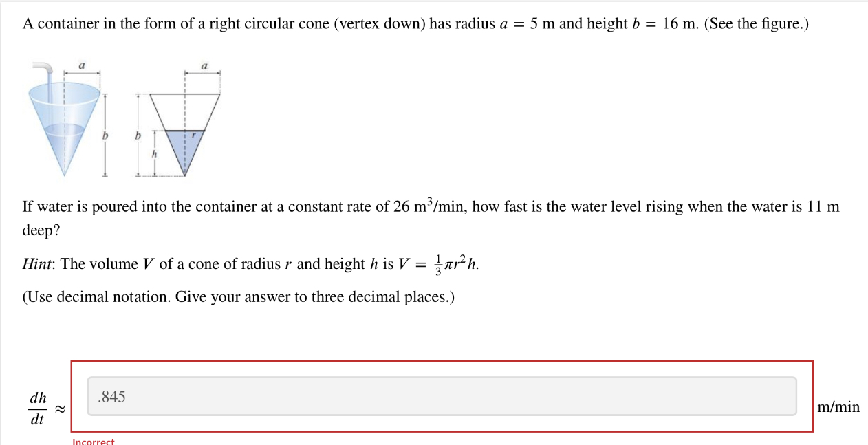 Solved A container in the form of a right circular cone | Chegg.com