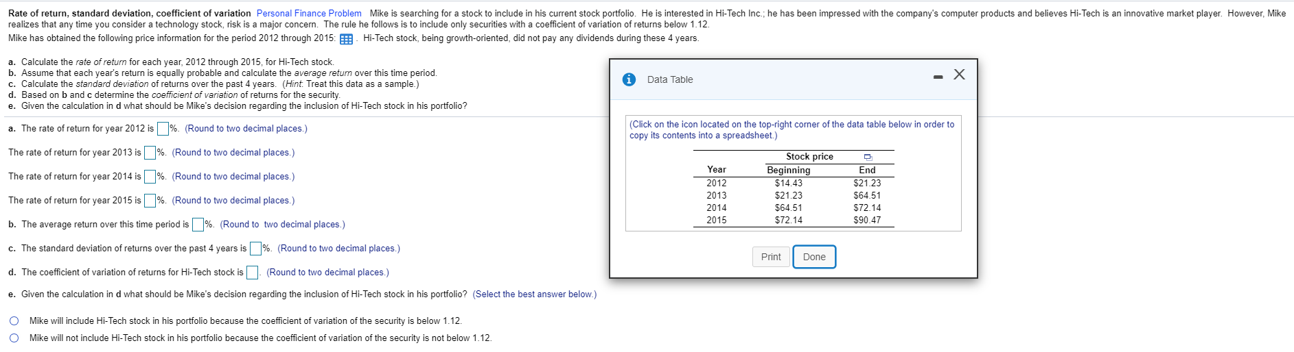 Solved Rate of return, standard deviation, coefficient of | Chegg.com