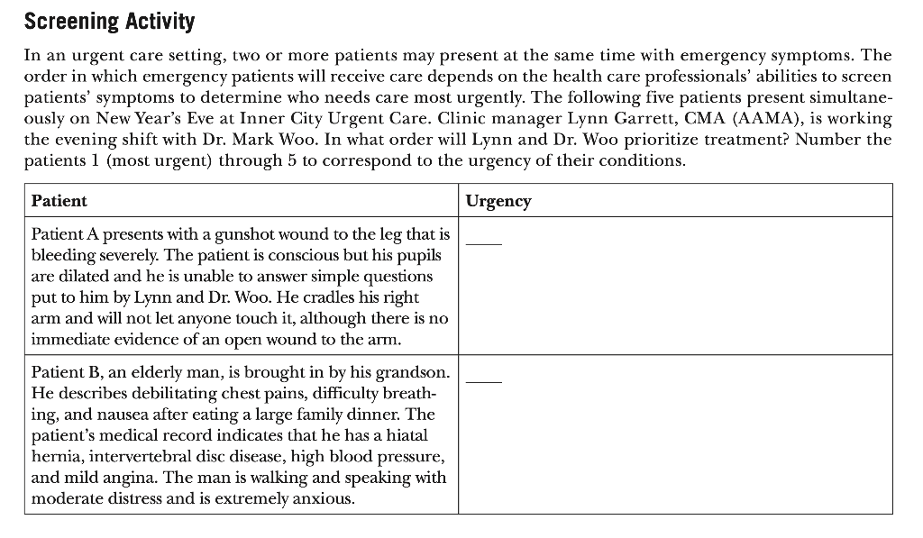 Solved Screening Activity In an urgent care setting, two or | Chegg.com