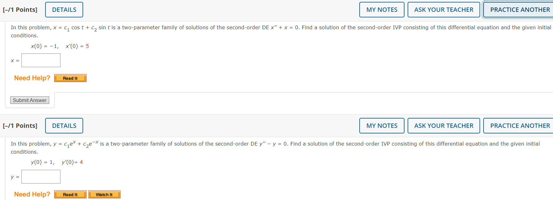 Solved conditions. x(0)=−1,x′(0)=5 x= [-/1 Points] | Chegg.com