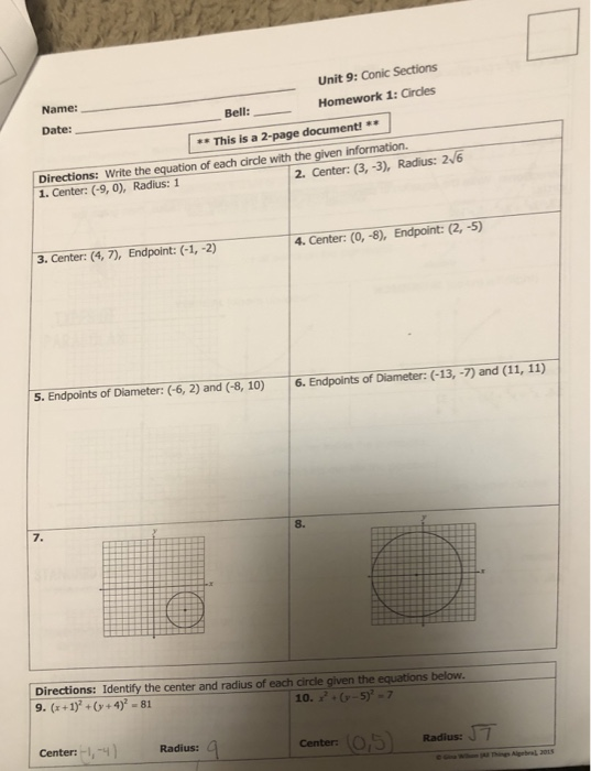 Solved Unit 9: Conic Sections Name: Homework 1: Circles | Chegg.com