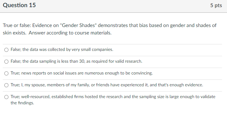 Solved True or false: Evidence on "Gender Shades" | Chegg.com