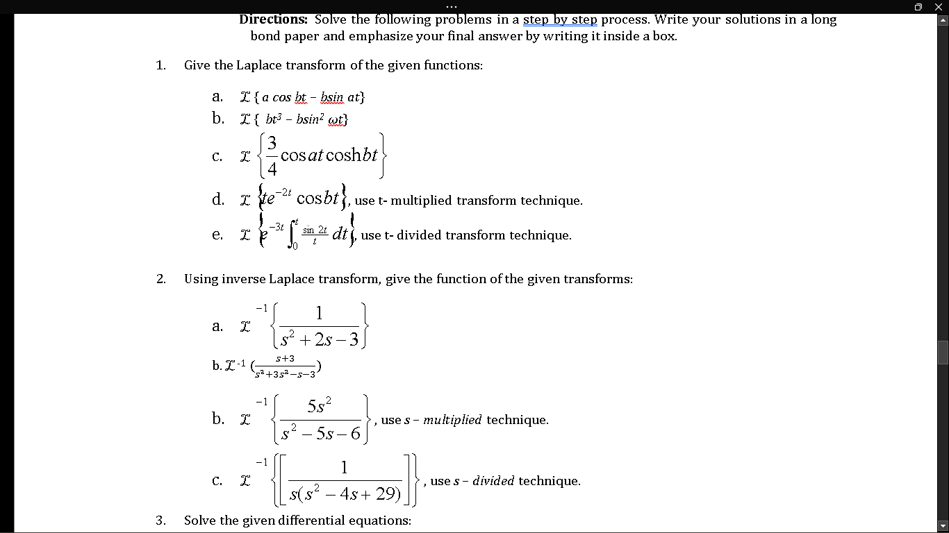Solved Directions: Solve the following problems in a step by | Chegg.com
