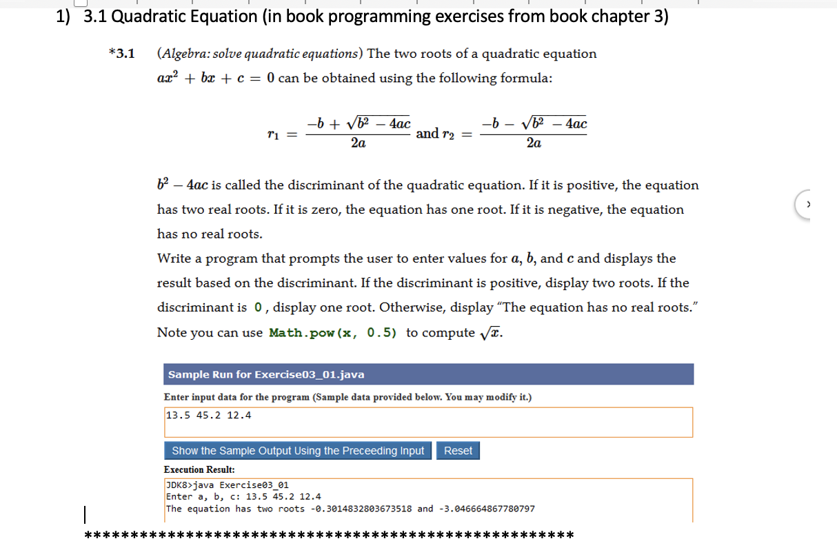Solved 1) 3.1 Quadratic Equation (in book programming | Chegg.com