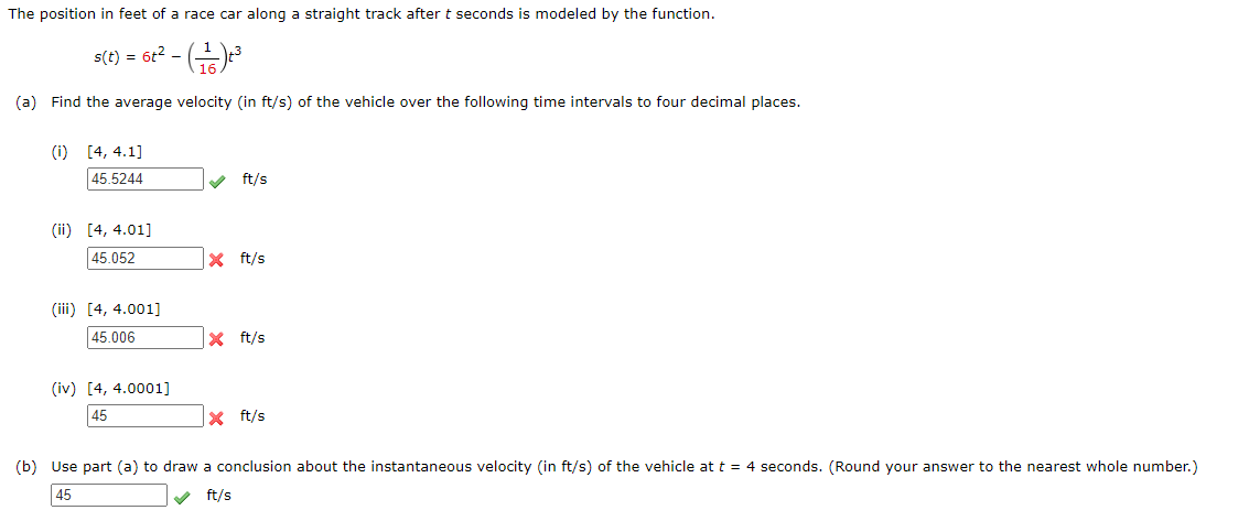 Solved The position in feet of a race car along a straight | Chegg.com