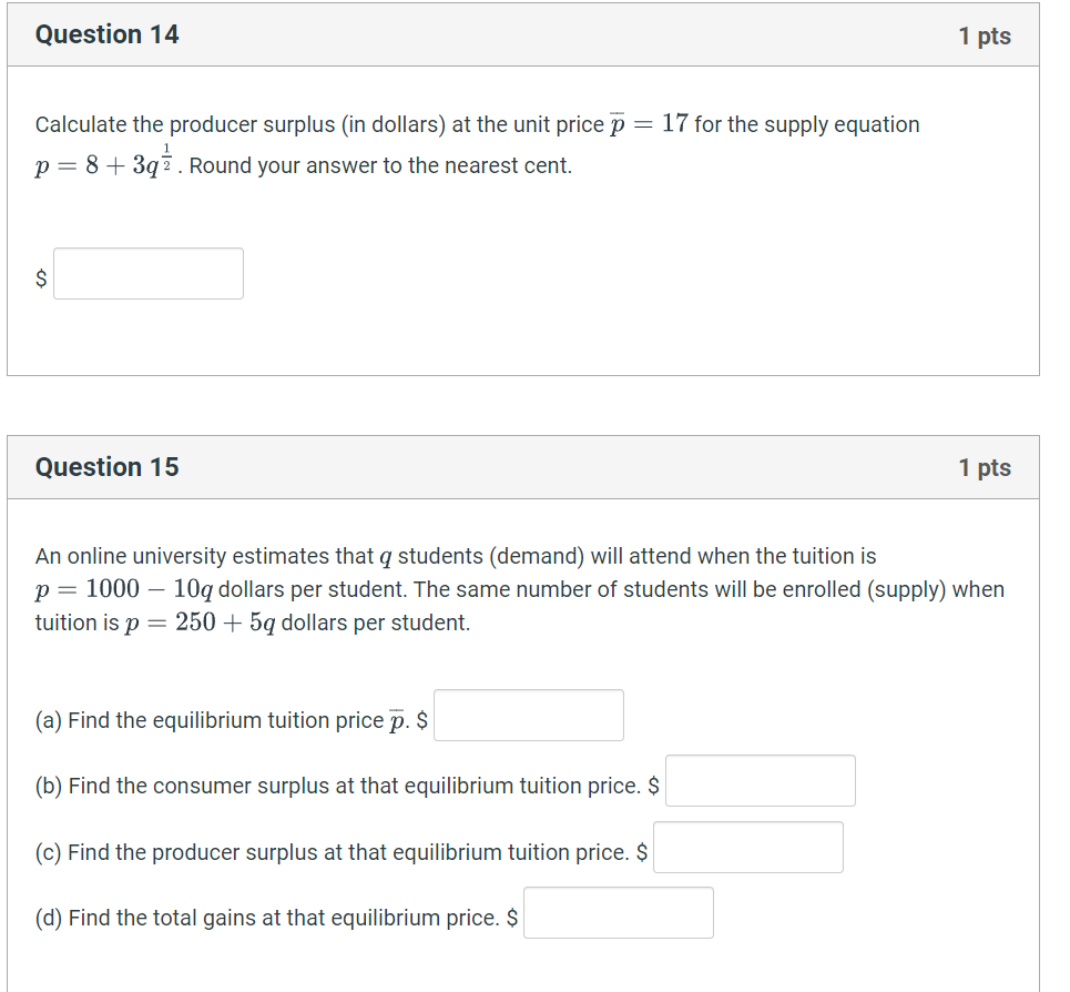 Solved Calculate the producer surplus (in dollars) at the | Chegg.com