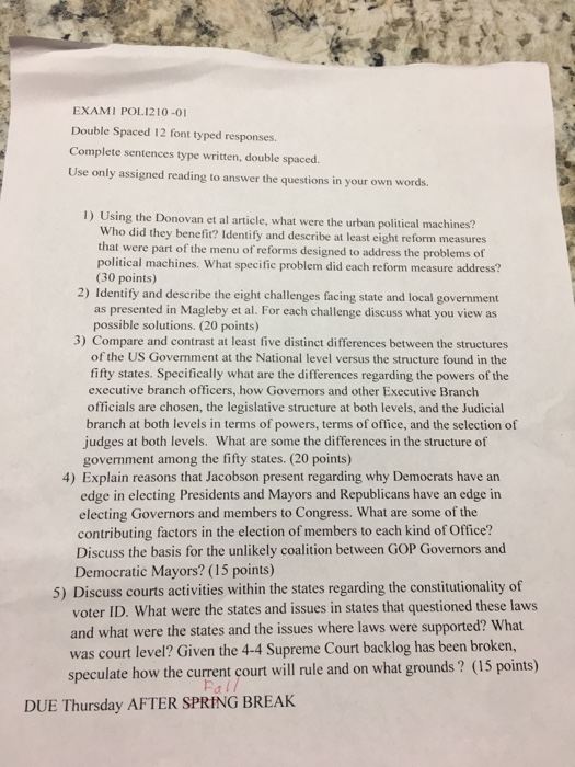 Solved EXAMI POL1210 -01 Double Spaced 12 font typed | Chegg.com