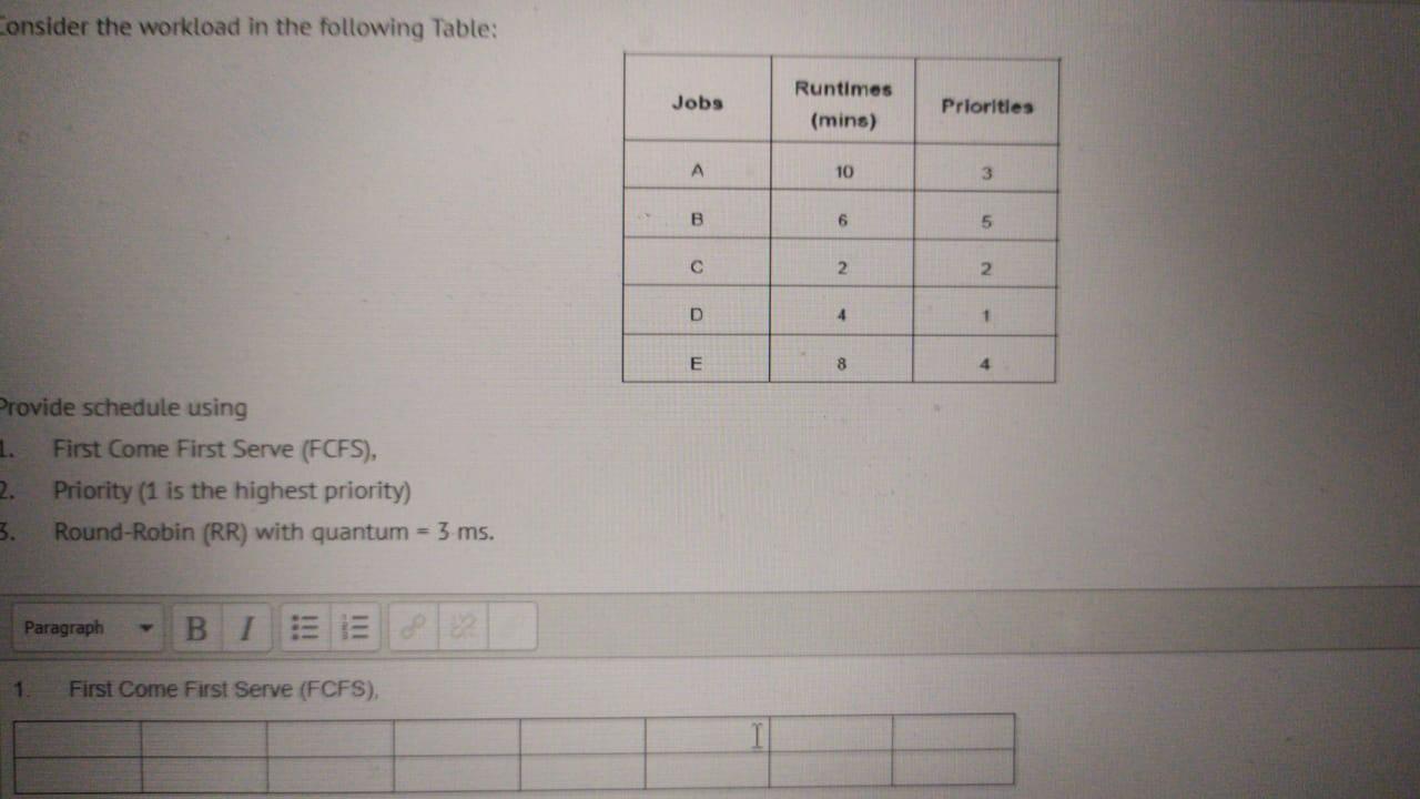 Solved onsider the workload in the following Table: Provide | Chegg.com