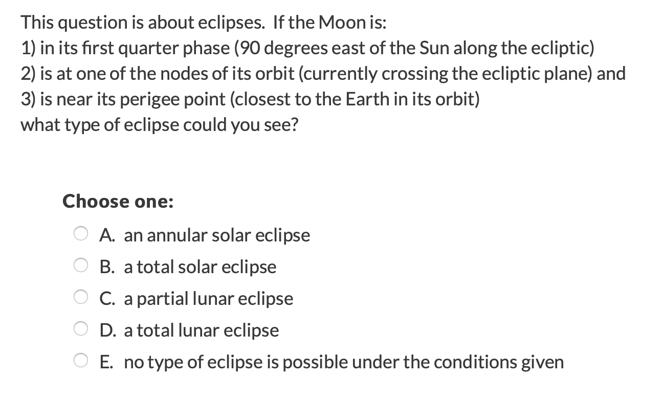 Solved This question is about eclipses. If the Moon is: 1) | Chegg.com