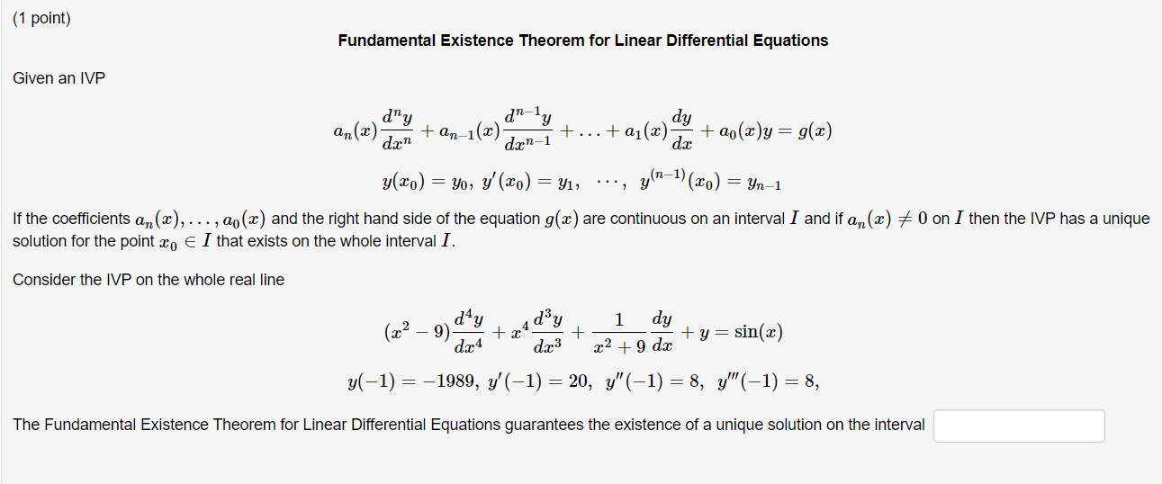 Solved (1 point) Fundamental Existence Theorem for Linear | Chegg.com