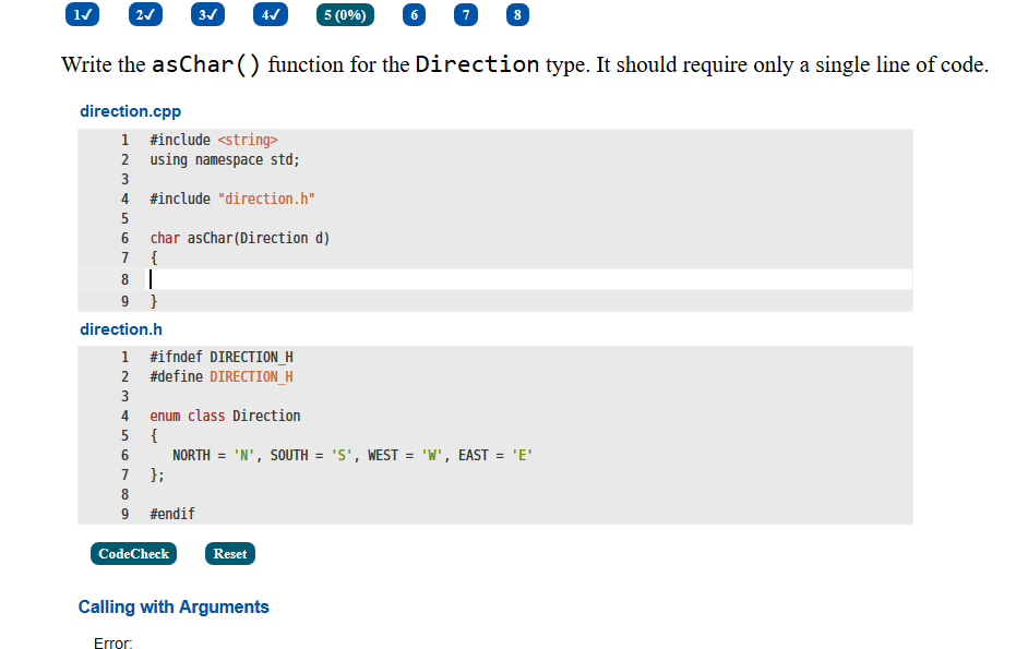 Solved 1 2v 3V 4V 5 (0%) 6 7 8 Write the asChar() function | Chegg.com