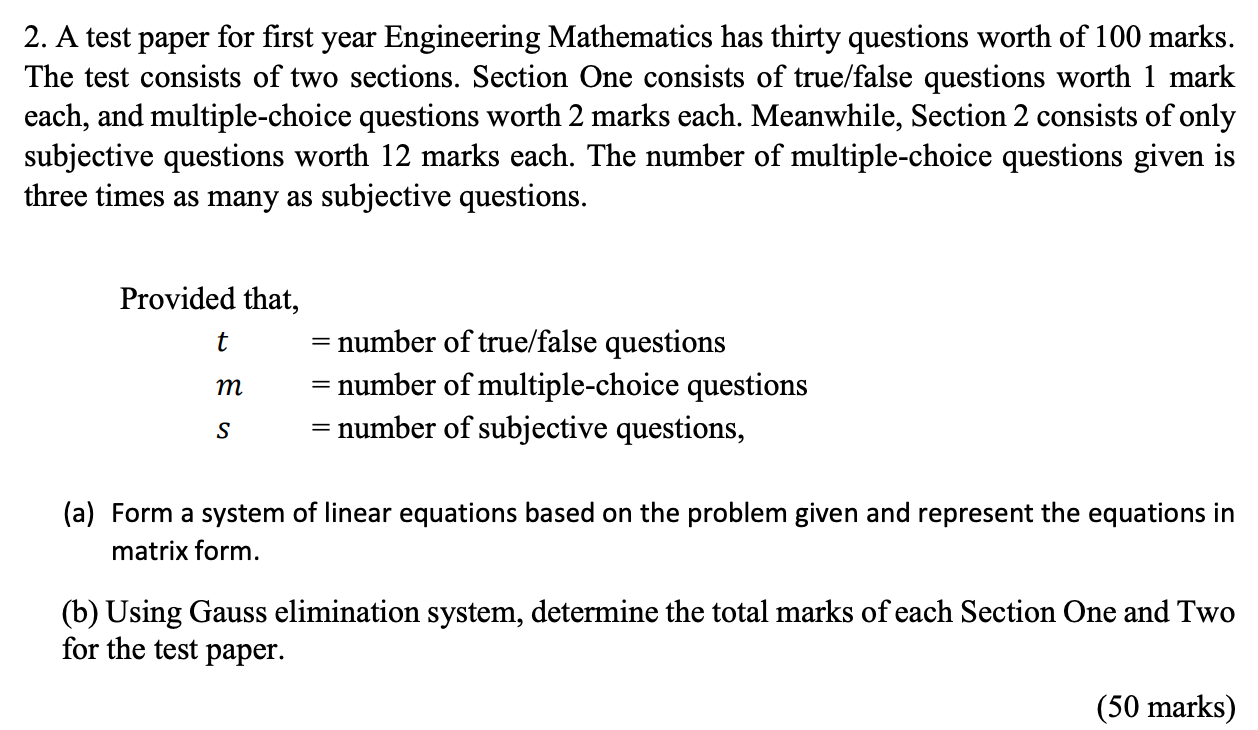 Solved 2. A test paper for first year Engineering | Chegg.com