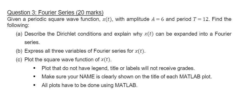 Solved Question 3: Fourier Series (20 marks) Given a | Chegg.com