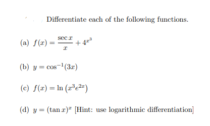 Solved Differentiate each of the following functions. sec | Chegg.com