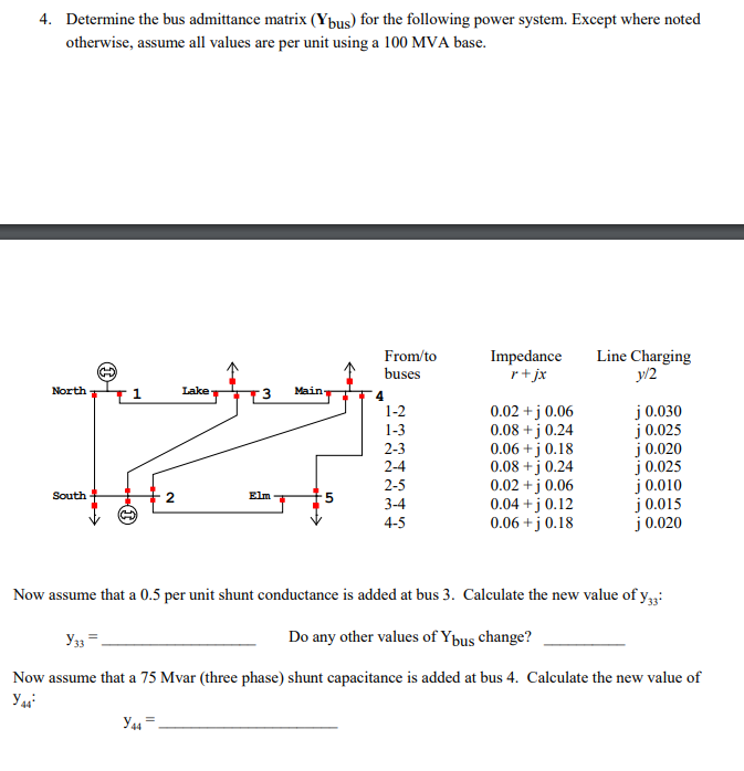 Solved 4. Determine the bus admittance matrix (Ybus) for the | Chegg.com