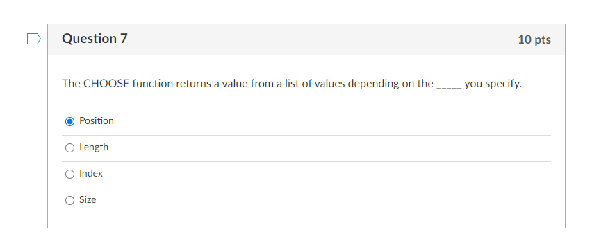 Solved Question 7 10 pts The CHOOSE function returns a value | Chegg.com