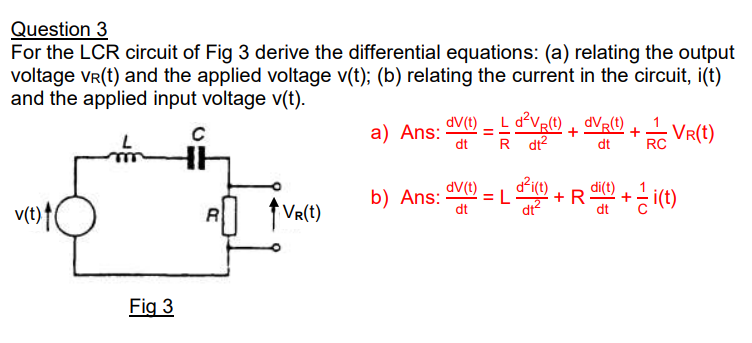 Solved Question 3 For the LCR circuit of Fig 3 derive the | Chegg.com