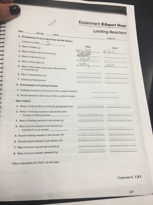 50 Experiment 8 Report Sheet Limiting Reactant Date | Chegg.com