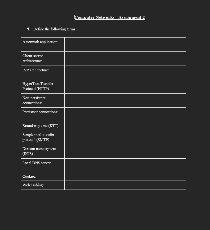 Solved Computer Networks - Assignment 2 1. Define the | Chegg.com