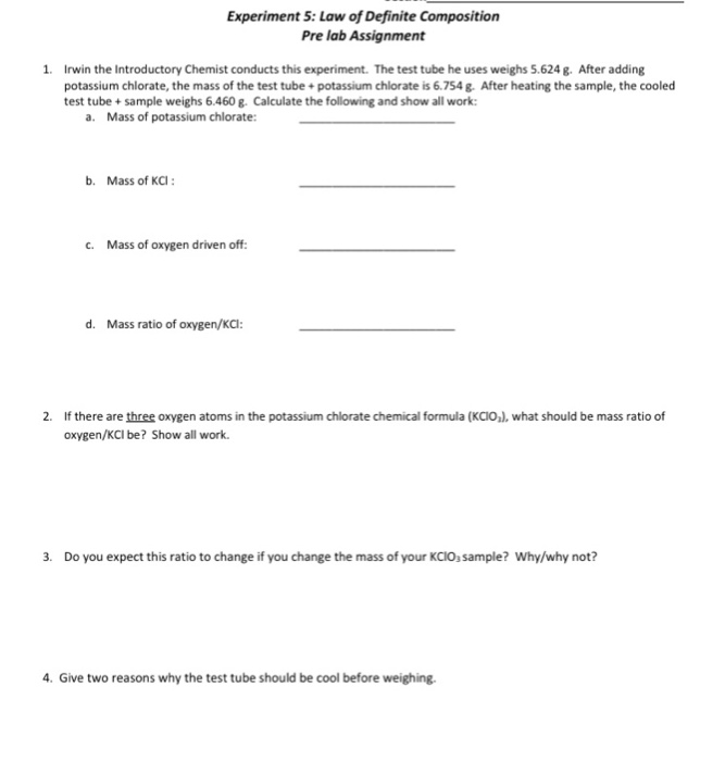 Solved Experiment 5: Law of Definite Composition Pre lab | Chegg.com