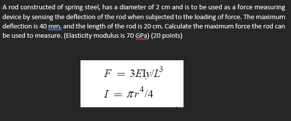 Solved A rod constructed of spring steel, has a diameter of | Chegg.com