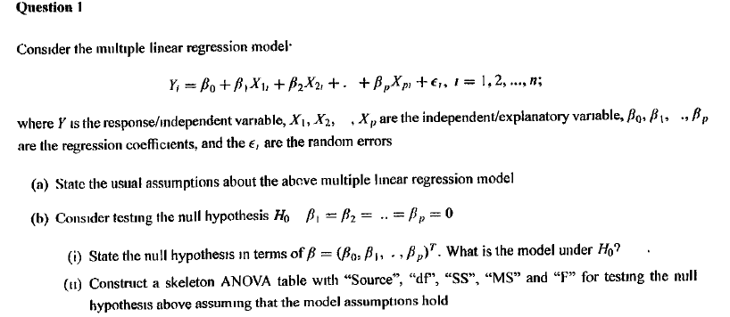 Solved Question 1 Consider the multiple linear regression | Chegg.com