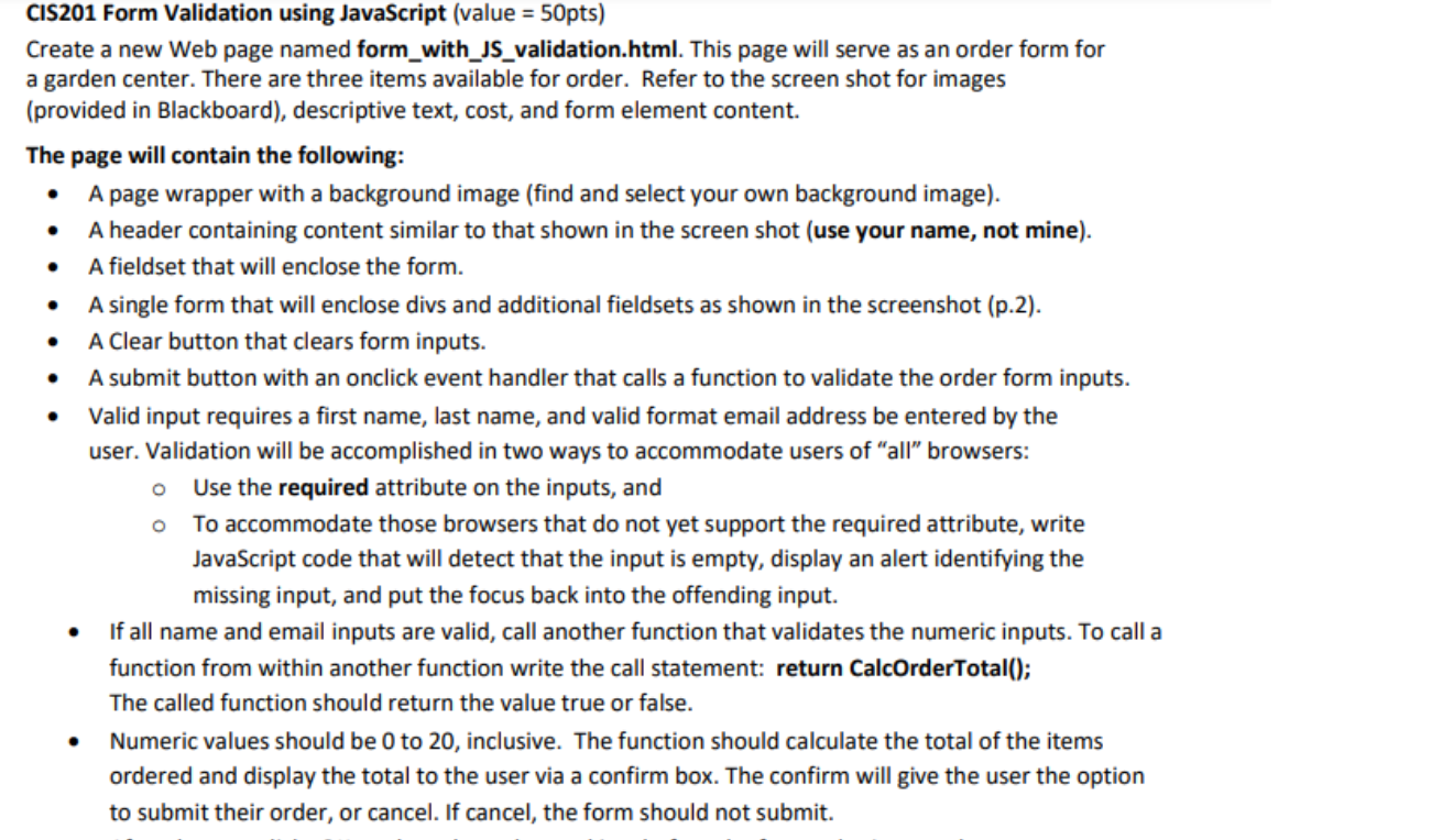 CIS201 Form Validation using JavaScript (value = | Chegg.com