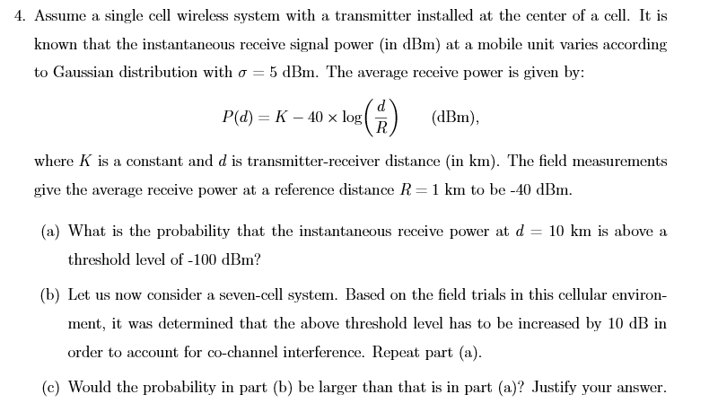4. Assume a single cell wireless system with a | Chegg.com